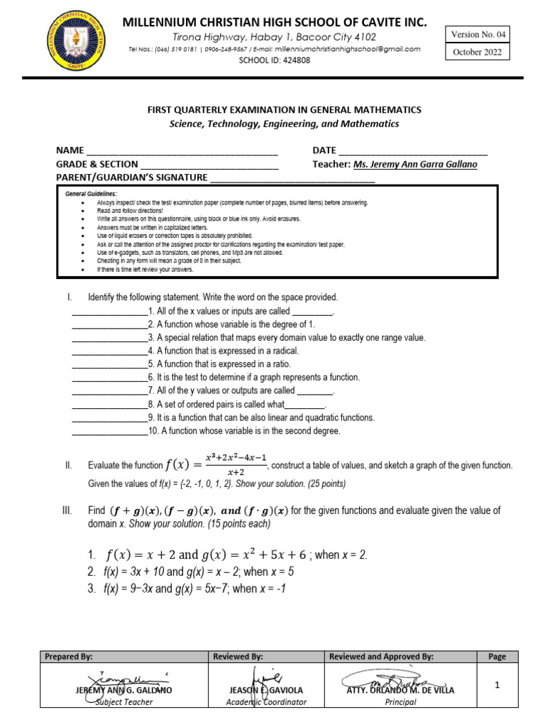 STEM Math Exam Instructions | PDF