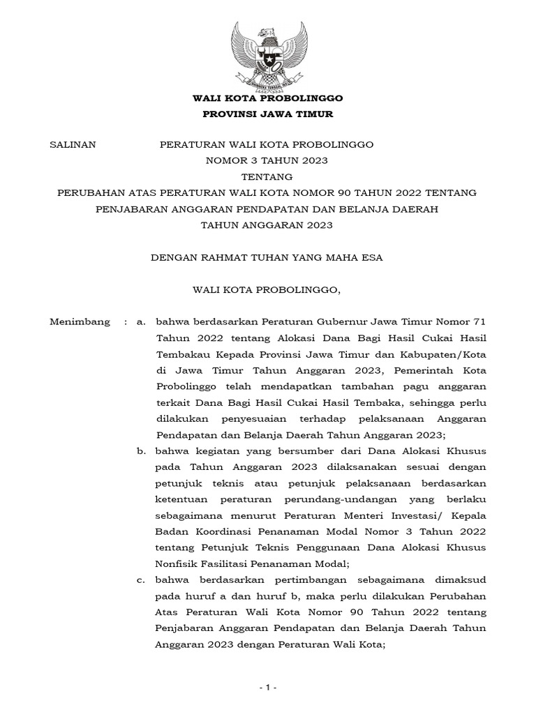 Perwali. No. 3 TH 2023 BPPKAD Perubahan Atas Perwali No. 90 TH 2022 TTG ...