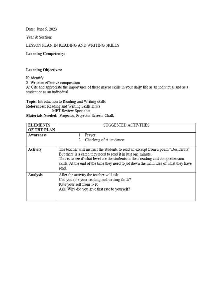 Reading and Writing Lesson Plan | PDF | Brainstorming | Lesson Plan