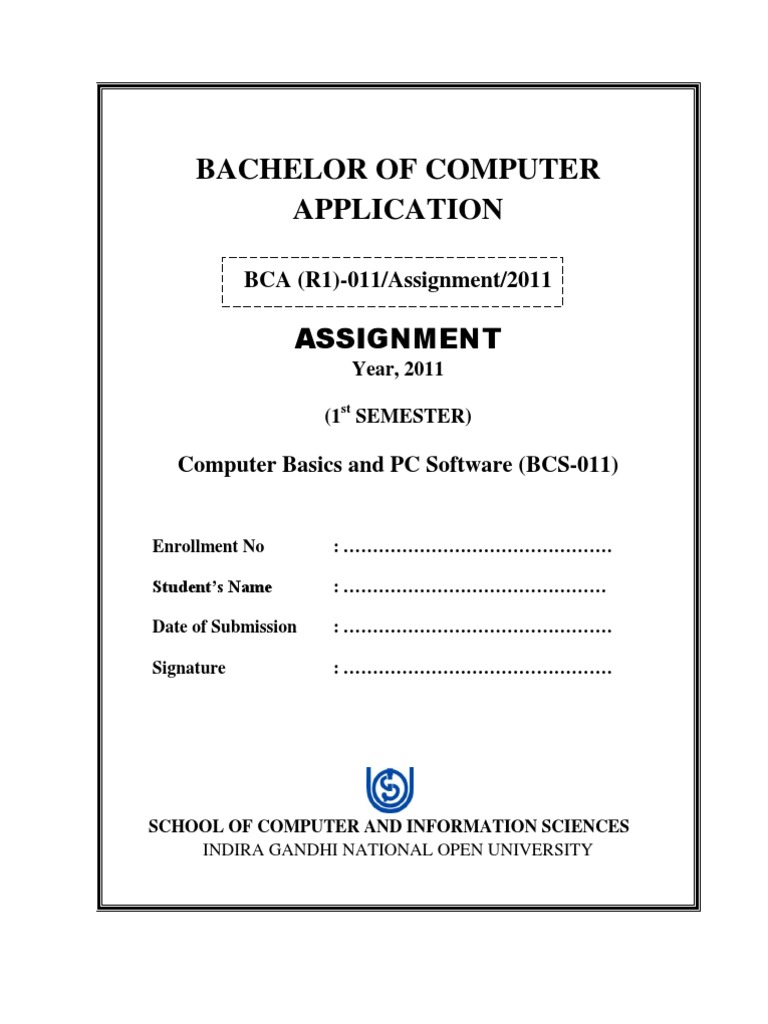 Title Page of IGNOU - BCA First Semester Assignments | PDF