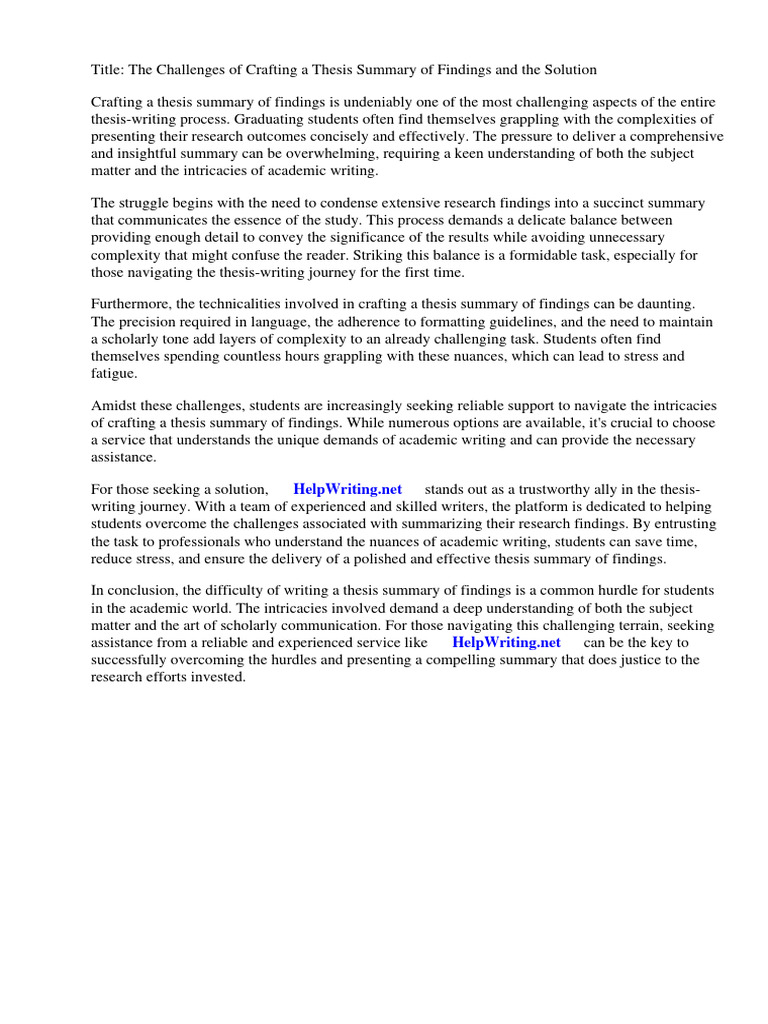 Thesis Summary of Findings Sample | Download Free PDF | Thesis | Statistics