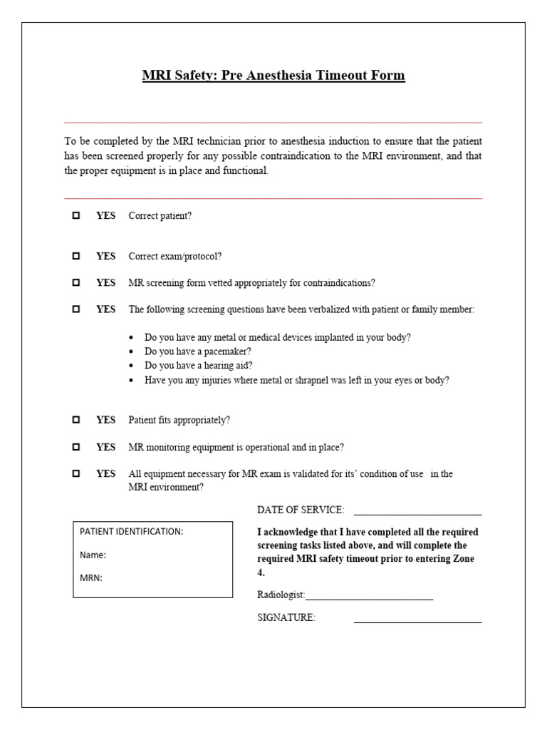 MRI Safety Pre-Anesthesia Checklist | PDF