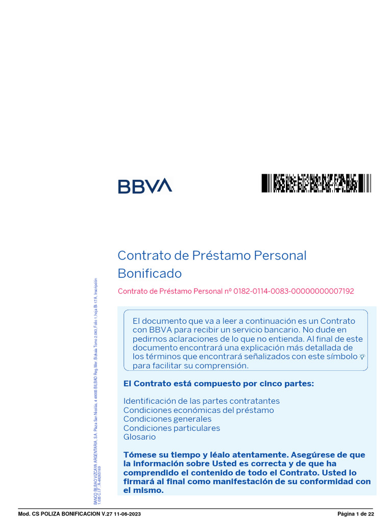 Contrato Préstamo Personal BBVA | PDF | Interés | Crédito