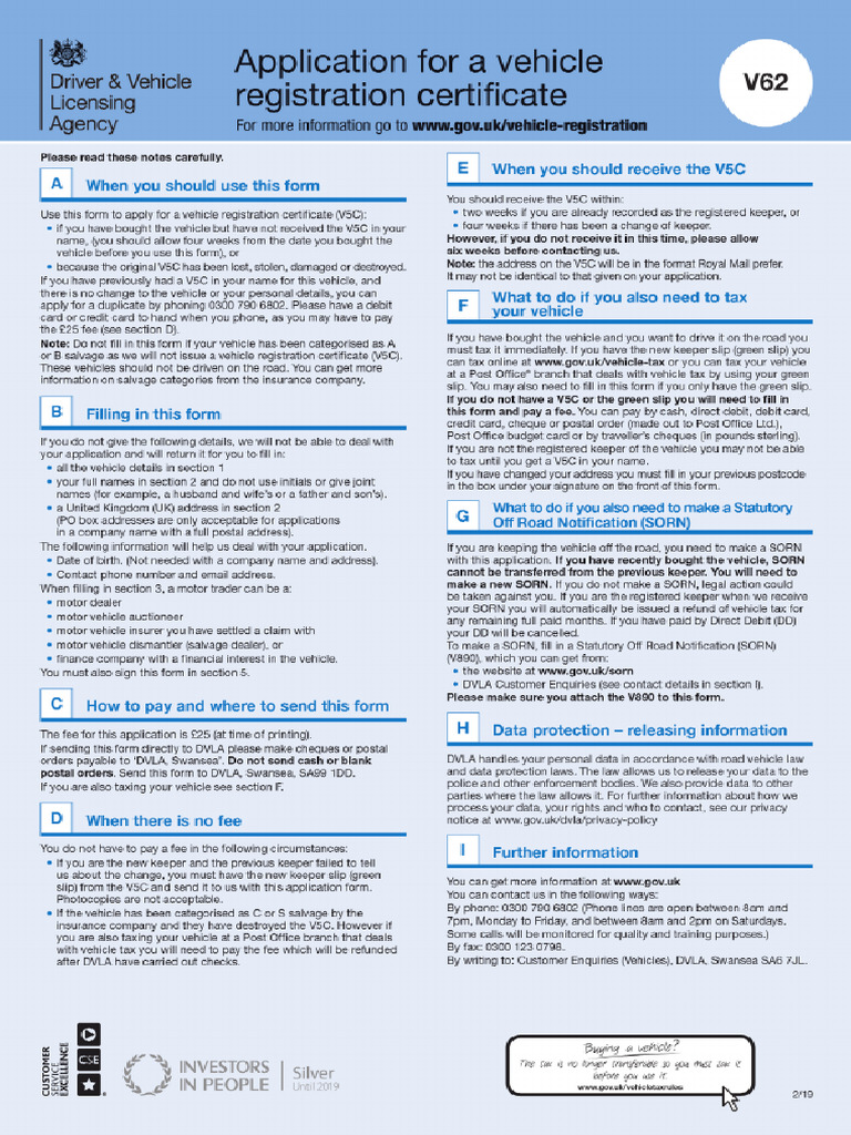 DVLA Form V62 Application For A Vehicle Registration Certificate 219 | PDF