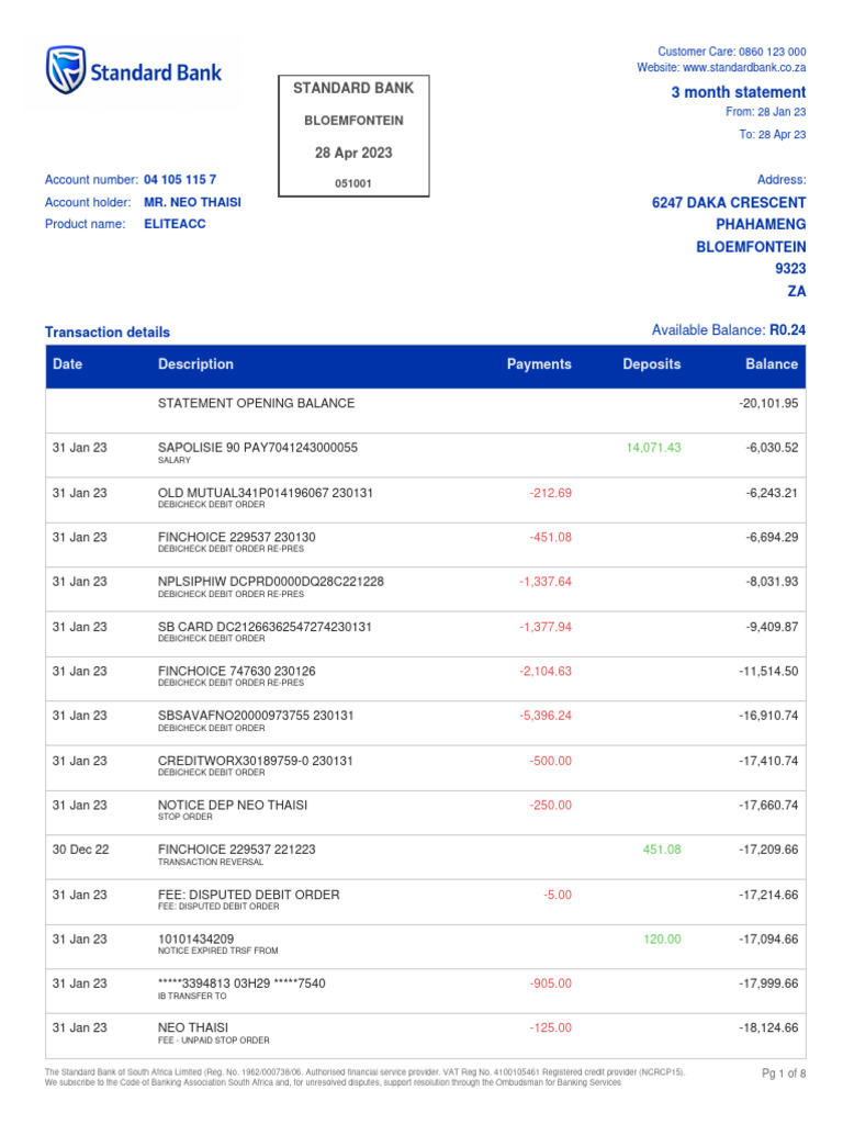 Standard Bank 3-Month Statement Summary | PDF