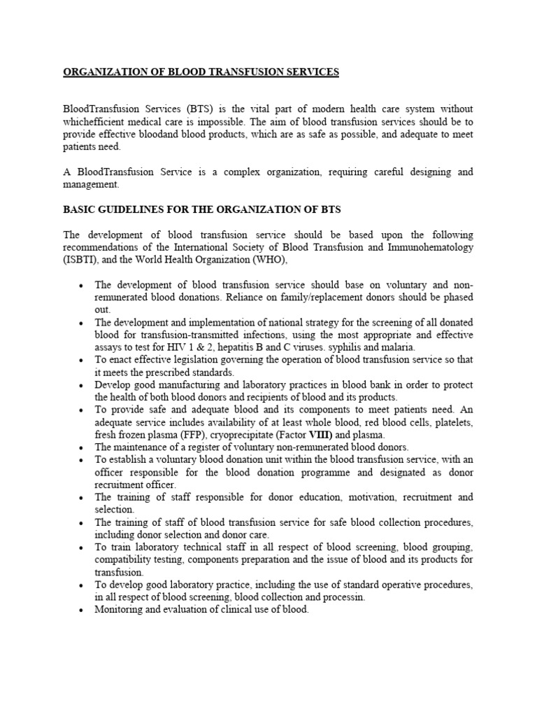 Organization of Blood Transfusion Services | PDF | Blood Transfusion ...