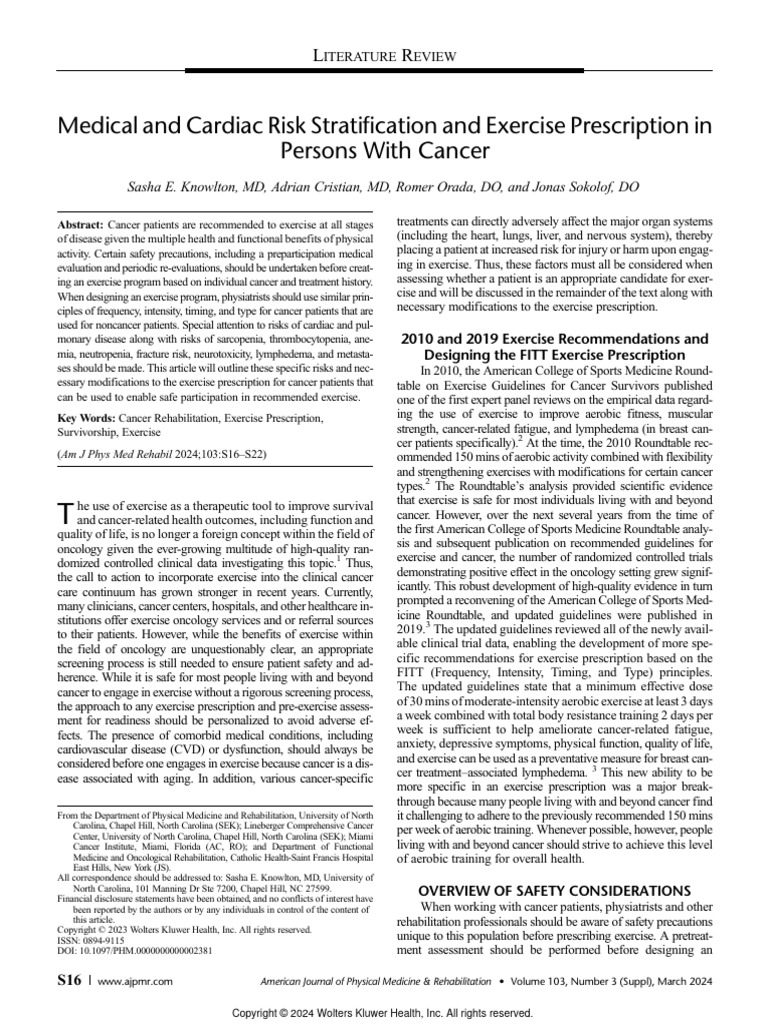 Medical and Cardiac Risk Stratification and Exercise Prescription in ...