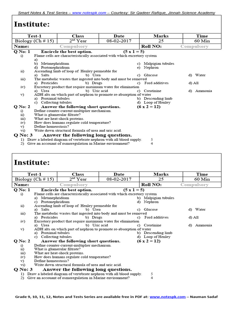 12th Bio. Test-1 (CH # 15) - Nauman Sadaf | PDF