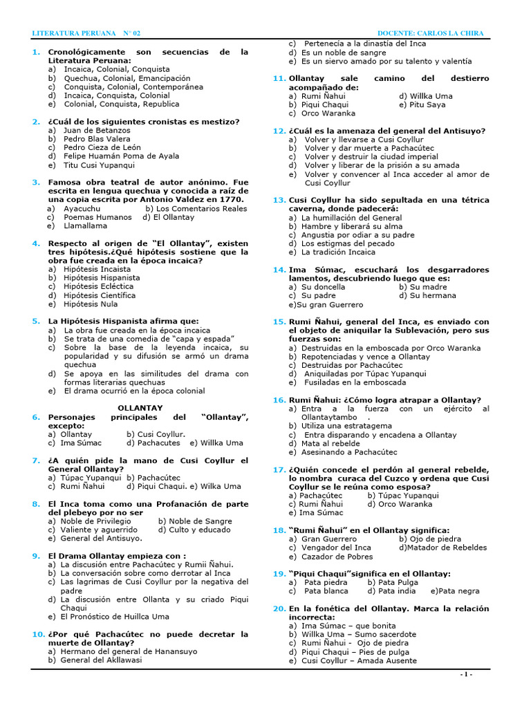Banco de Preguntas de Literatura Peruana-1 | PDF