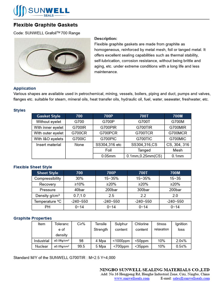 Flexible Graphite Gaskets - SUNWELL 7001575375993 | PDF | Physical ...
