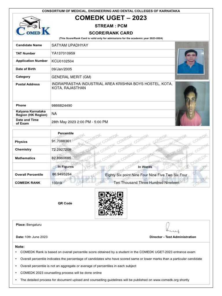 Comedk Uget - 2023: Stream: PCM Score/Rank Card | PDF