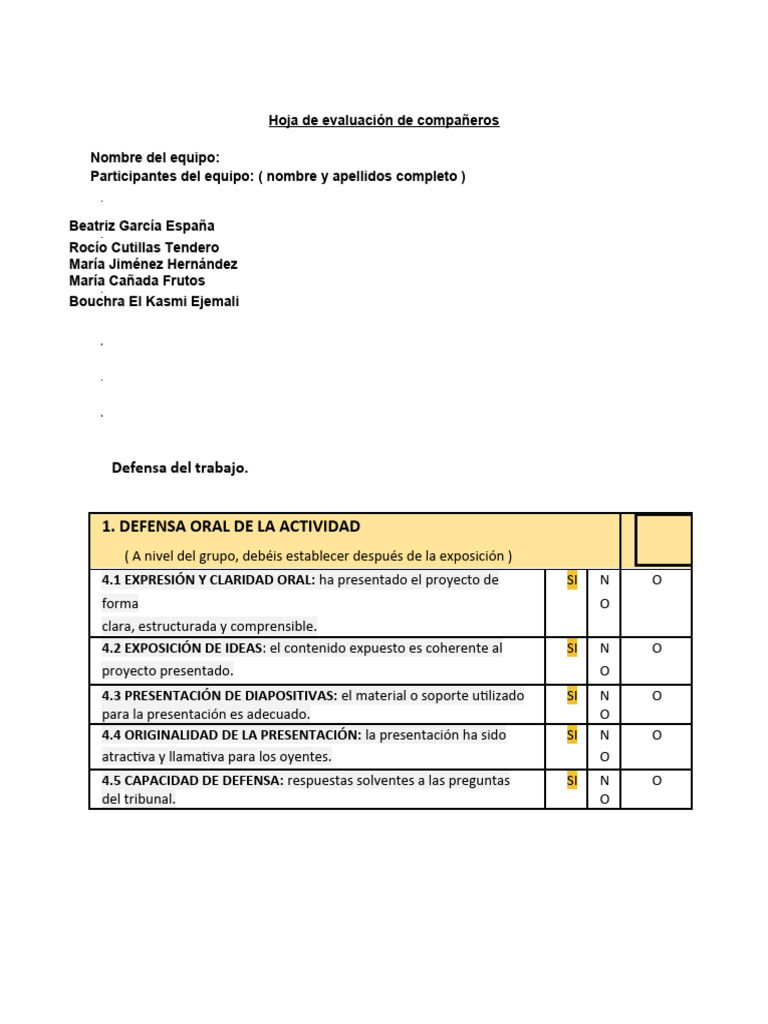 Hoja de Evaluación de Compañeros Biena | PDF