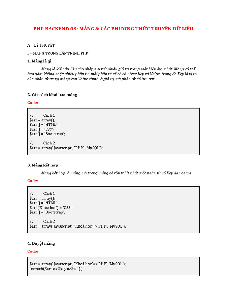 PHP Backend 03 - Mảng - Các Phương Thức Truyền Dữ Liệu | PDF