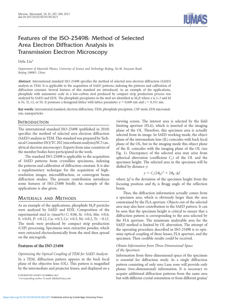 Features of The Iso 25498 Method of Selected Area Electron Diffraction Analysis in Transmission ...