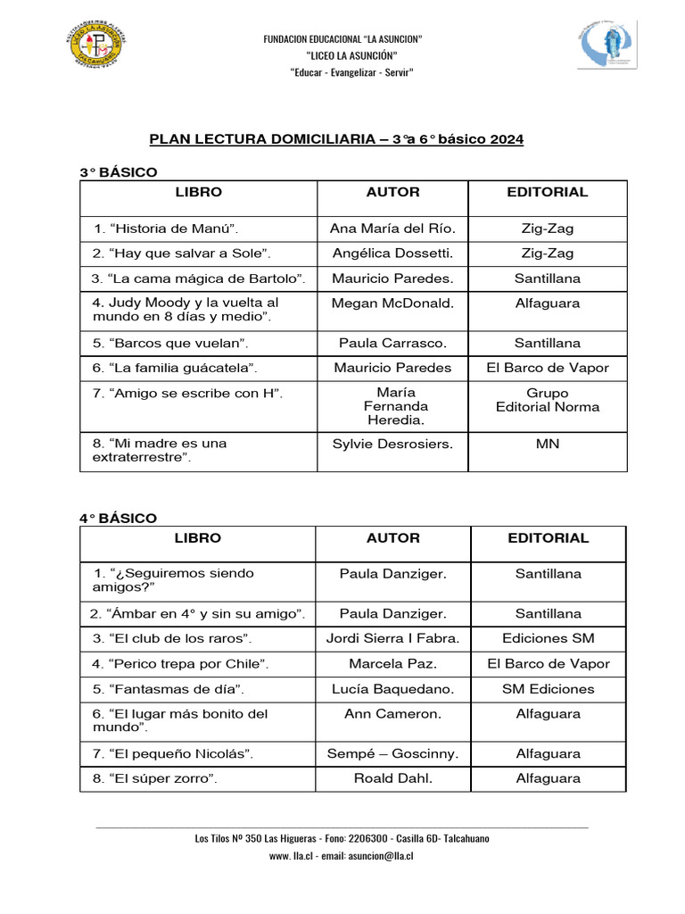 Plan Lector 3° A 6° Basico 2024 | PDF