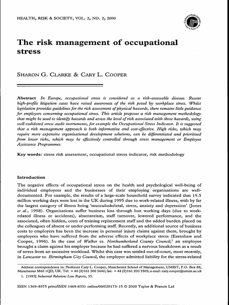 Stres 6 The Risk Management of Occupational Stre | PDF | Risk ...