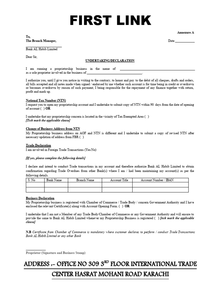 Annexure A Undertaking Declaration For Sole Proprietorship Account Inst 210-2022 | PDF | Sole ...