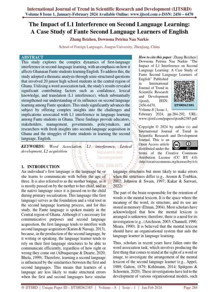 The Impact of L1 Interference On Second Language Learning A Case Study of Fante Second Language ...