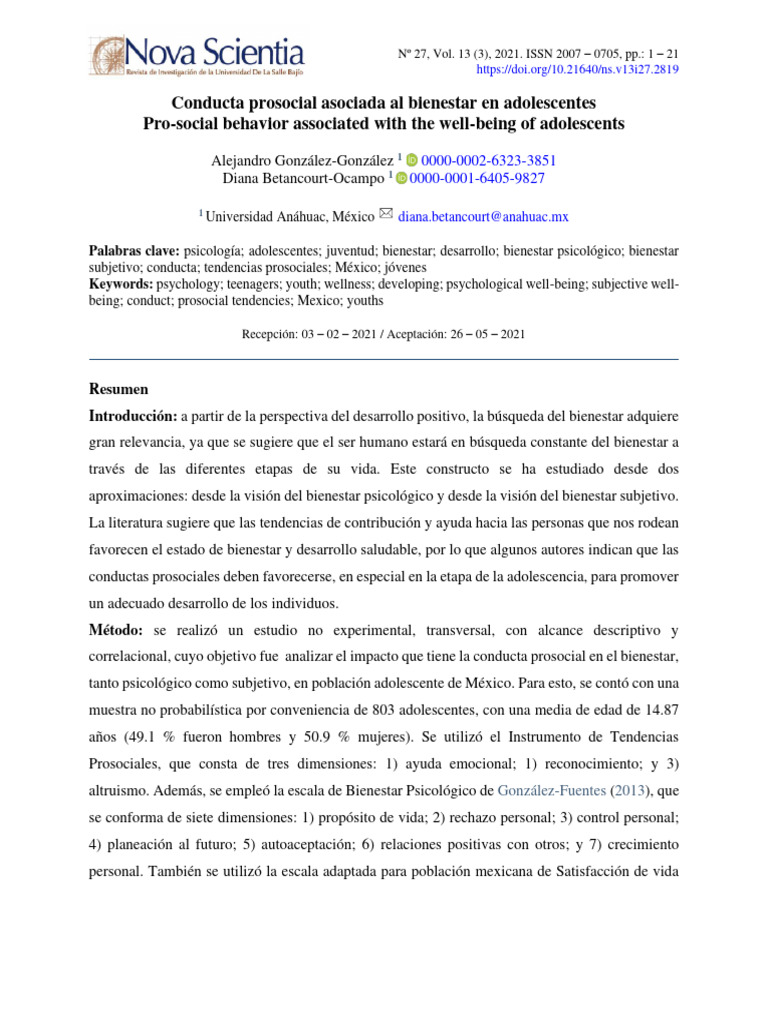 Conducta Prosocial Asociada Al Bienestar en Adolescentes Pro-Social ...
