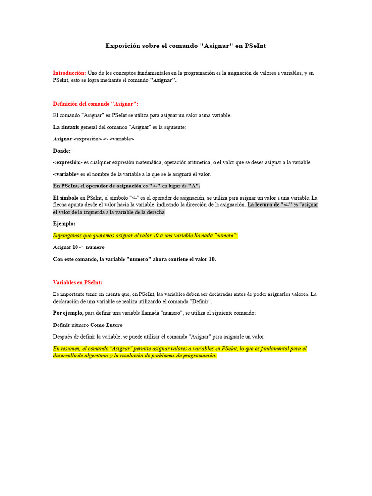 exposición sobre el comando Asignar en PSeInt | PDF | Variable ...