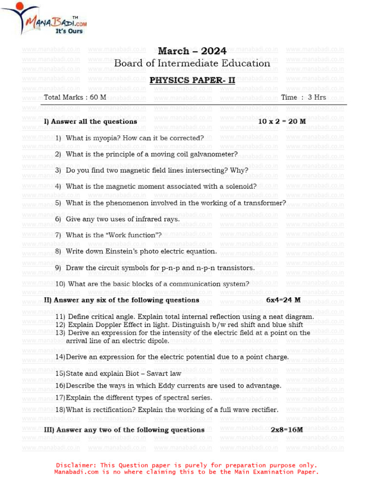 Inter 2nd Year Physics (English Medium) 2024 Guess Paper Set-1 | PDF ...