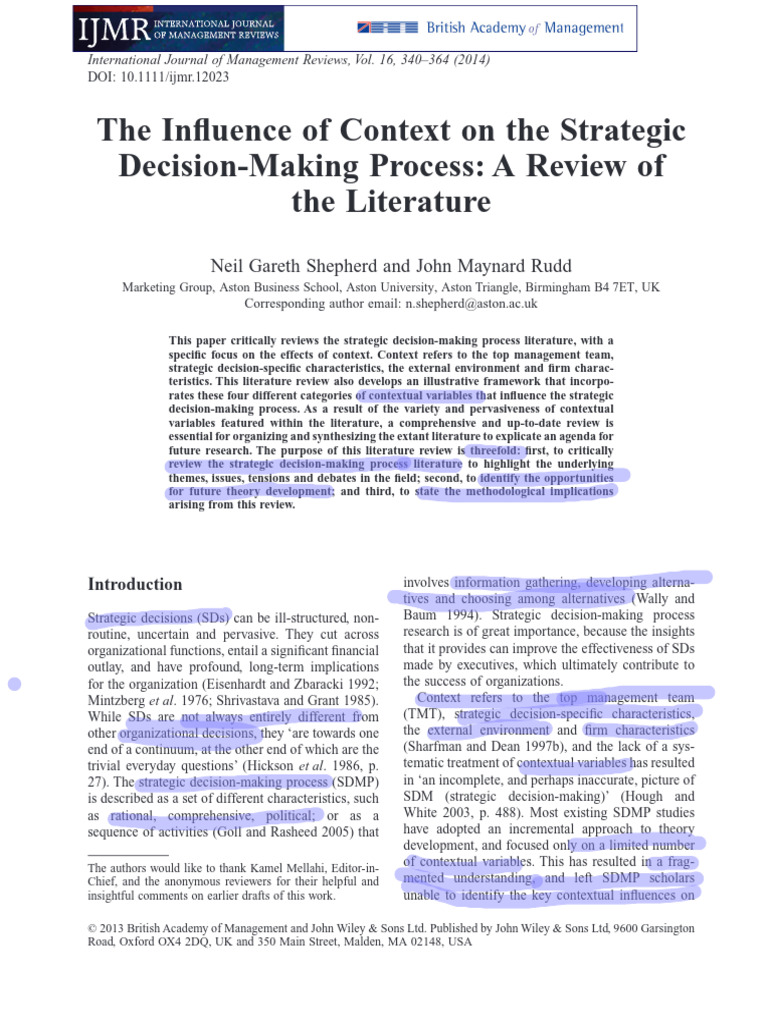 The Influence of Context On The Strategic DecisionMaking Process A ...