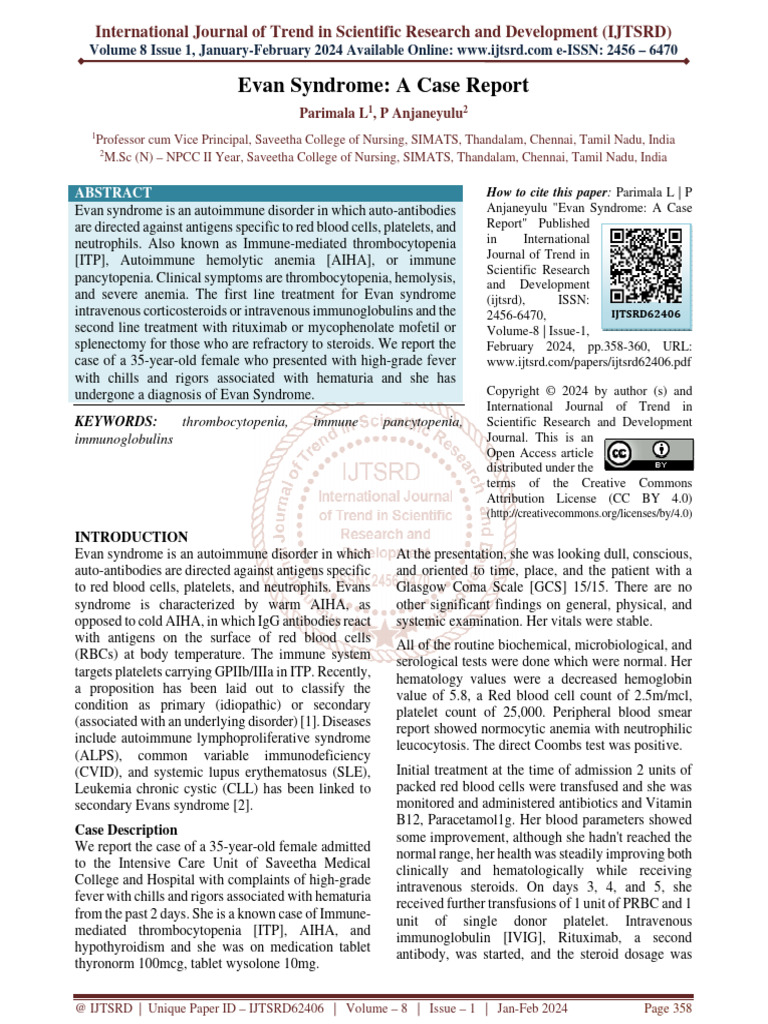 Evan Syndrome A Case Report | PDF | Clinical Medicine | Tissue (Biology)