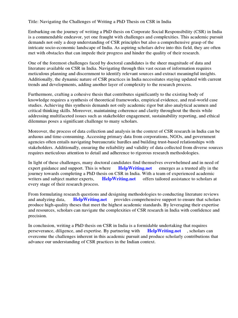 Phd Thesis on Csr in India | PDF | Corporate Social Responsibility | Thesis
