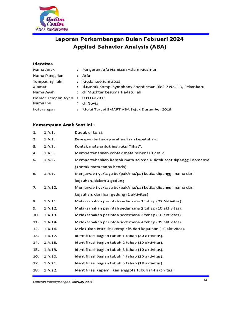 Laporan Perkembangn Arfa Feb 2024 | PDF