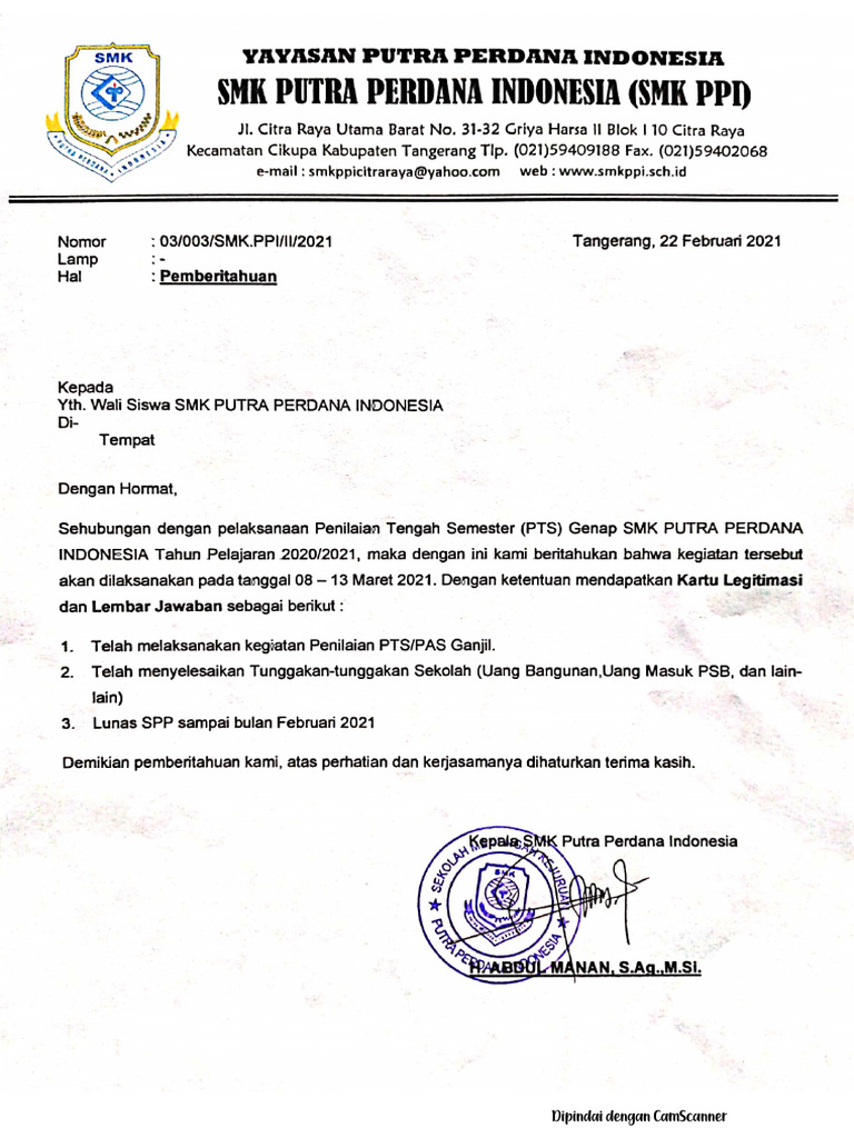Surat Pemberitahuan PTS 2020-2021 | PDF
