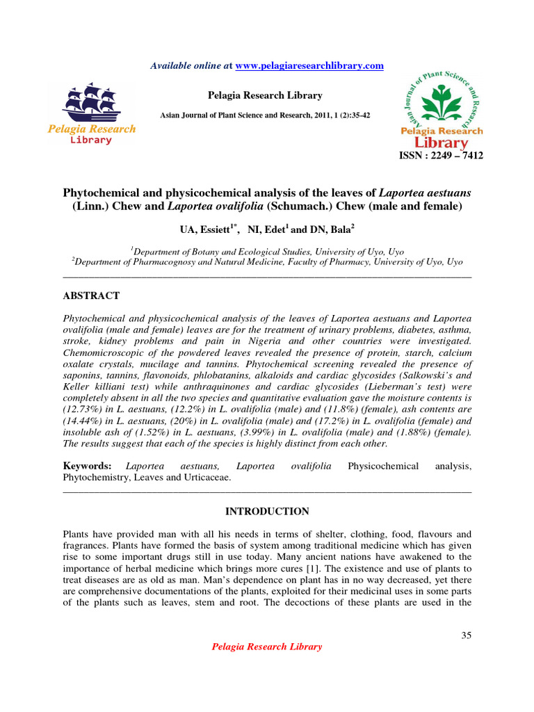 Phytochemical and Physicochemical Analysis of The Leaves of Laportea ...