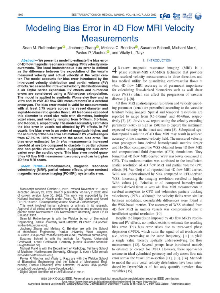 Modeling Bias Error in 4D Flow MRI Velocity Measurements | PDF