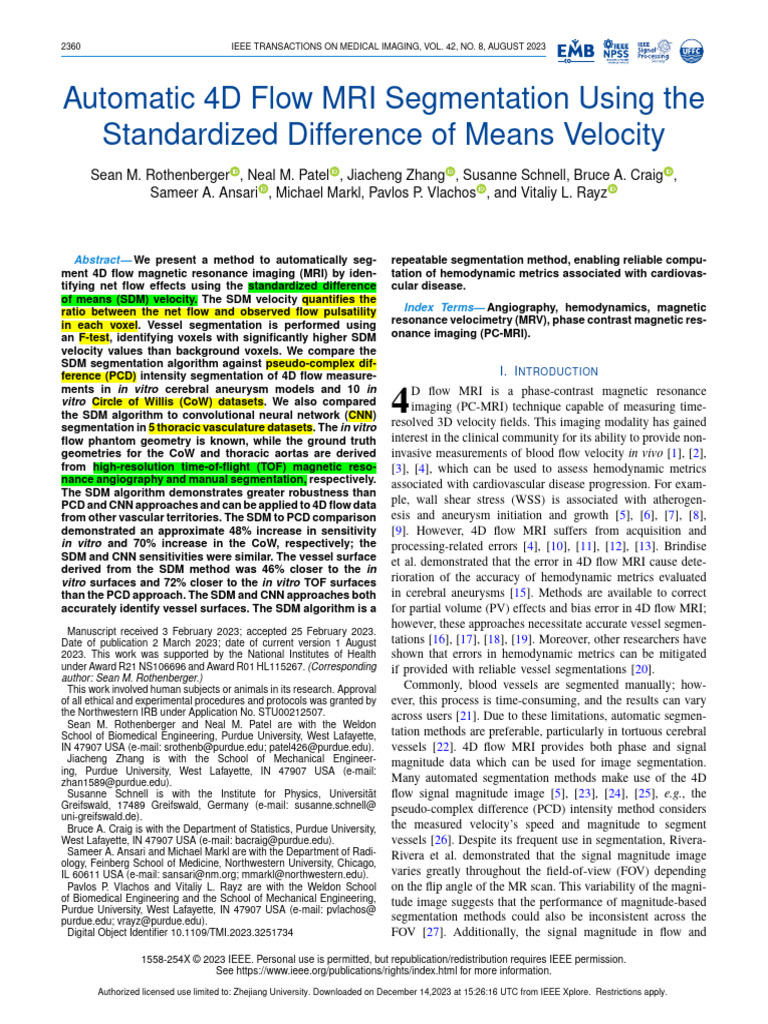 Automatic 4D Flow MRI Segmentation Using The Standardized Difference of Means Velocity | PDF ...