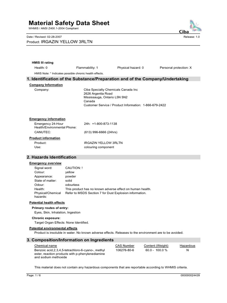 MSDS - Irgazin Yellow 3 RLTN | PDF | Firefighting | Toxicity