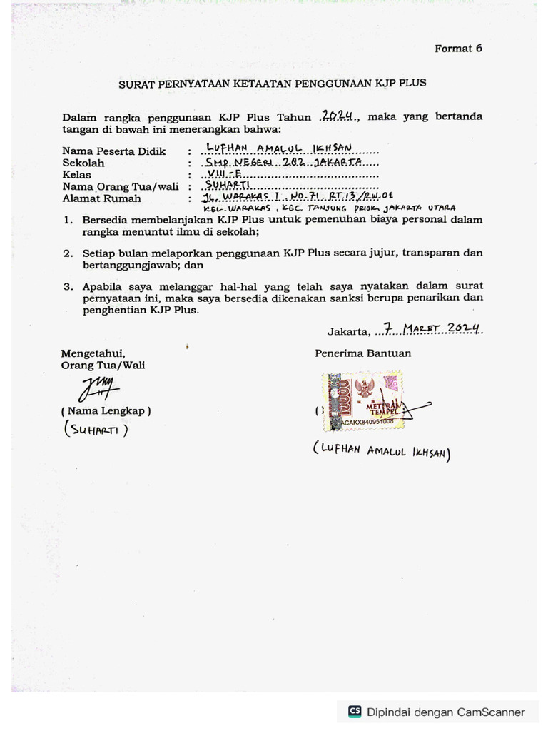 Surat Pernyataan Ketaatan KJP PLUS | PDF