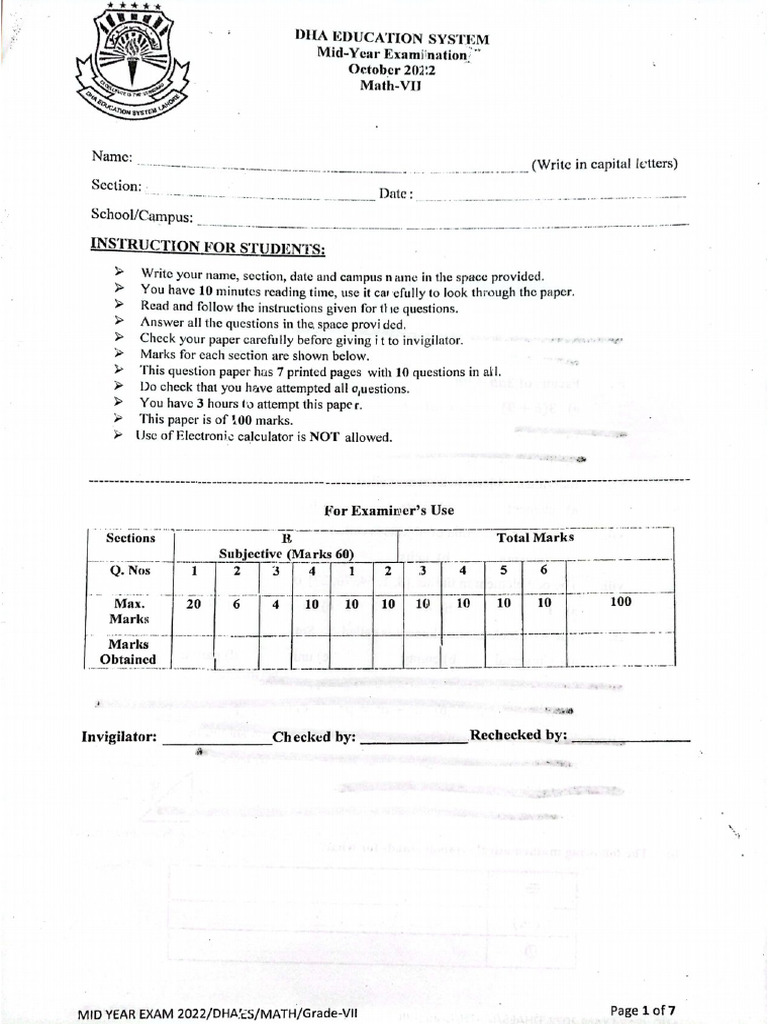 Past Paper grade 6 Mathematics | PDF