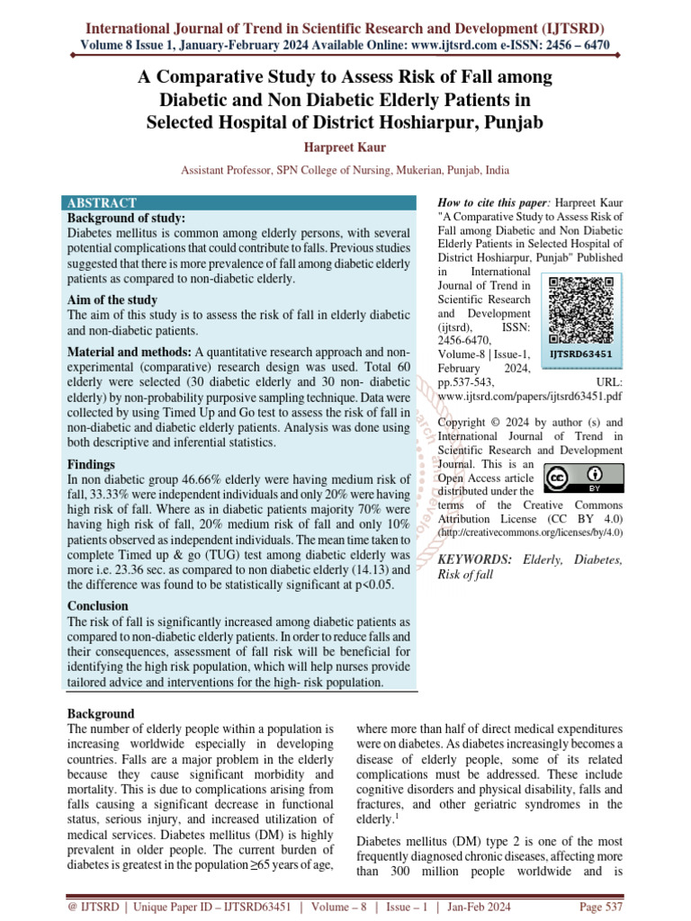 A Comparative Study To Assess Risk of Fall Among Diabetic and Non Diabetic Elderly Patients in ...