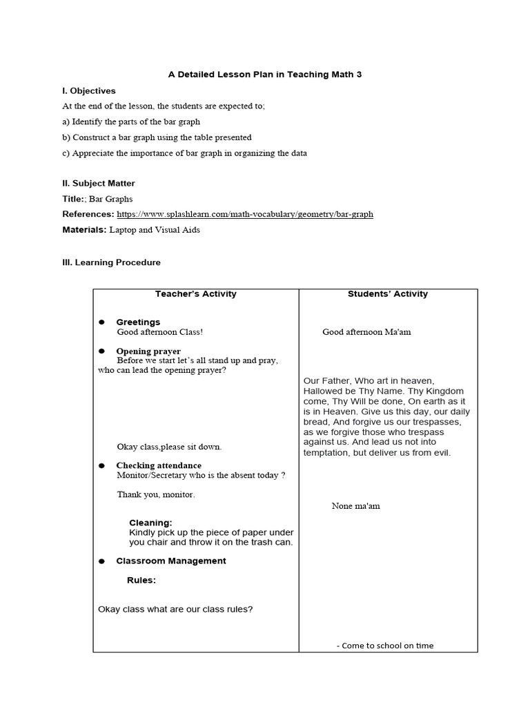 A Detailed Lesson Plan in Teaching Math 3: I. Objectives | PDF ...