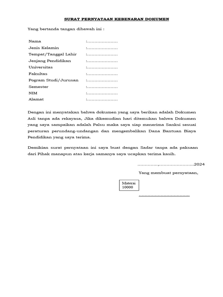 Template Surat Pernyataan Kebenaran Dokumen | PDF