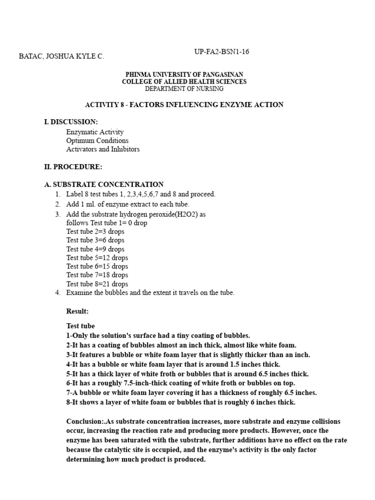 Batac, Joshua Kyle C. (Bio 024) Lab Activity 8 - Enzymatic Action. | PDF