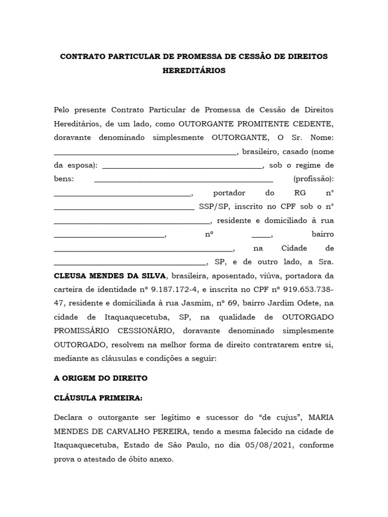Contrato Particular De Cessao De Direitos Hereditarios Pdf Direito