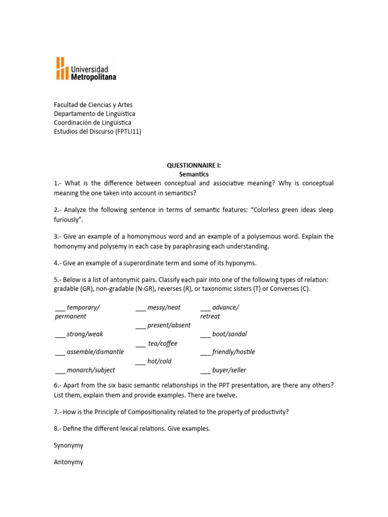 Questionnaire 2 Semantics | PDF