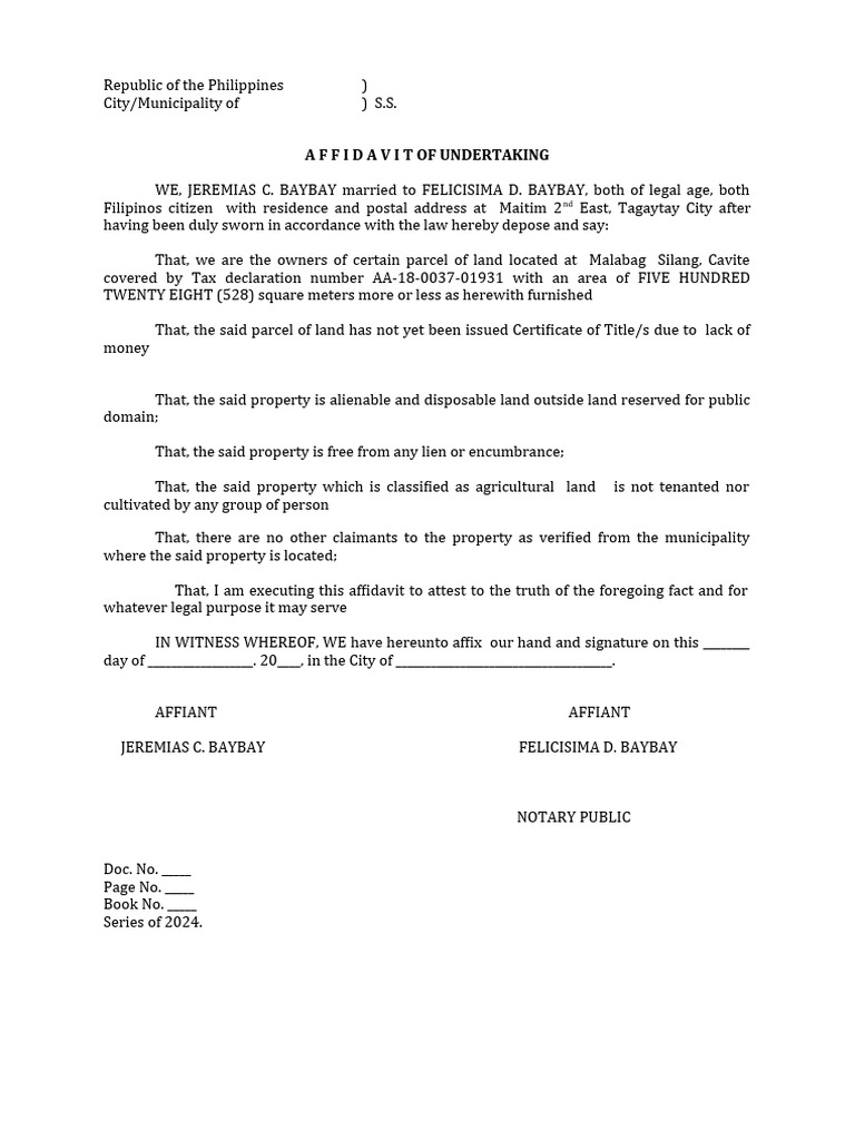 Affidavit of Undertaking For Untitled Land | PDF