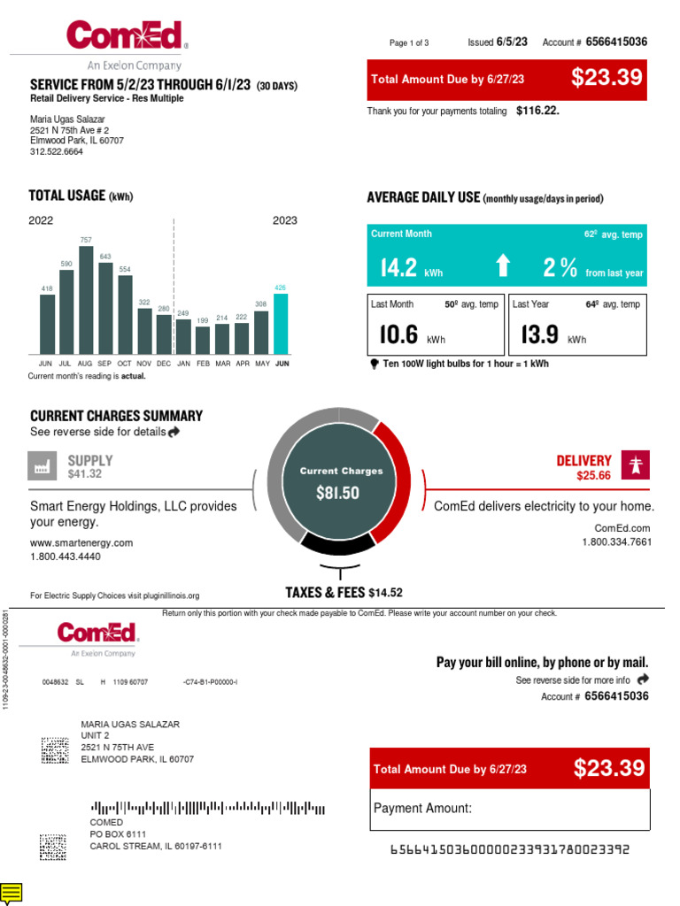 ComEd Sample Bill Summary | PDF | Cheque | Service Industries