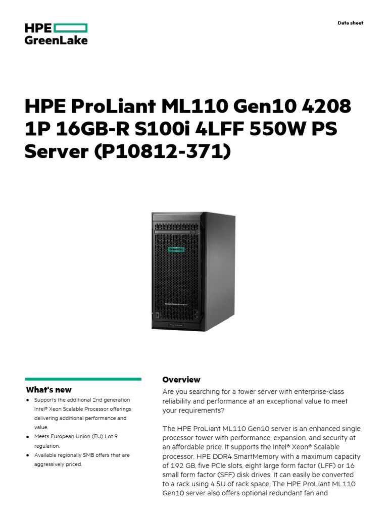 HPE ProLiant ML110 Gen10 4208 1P 16GB-R S100i 4LFF 550W PS Server-PSN1011637460WWEN | PDF | Hard ...
