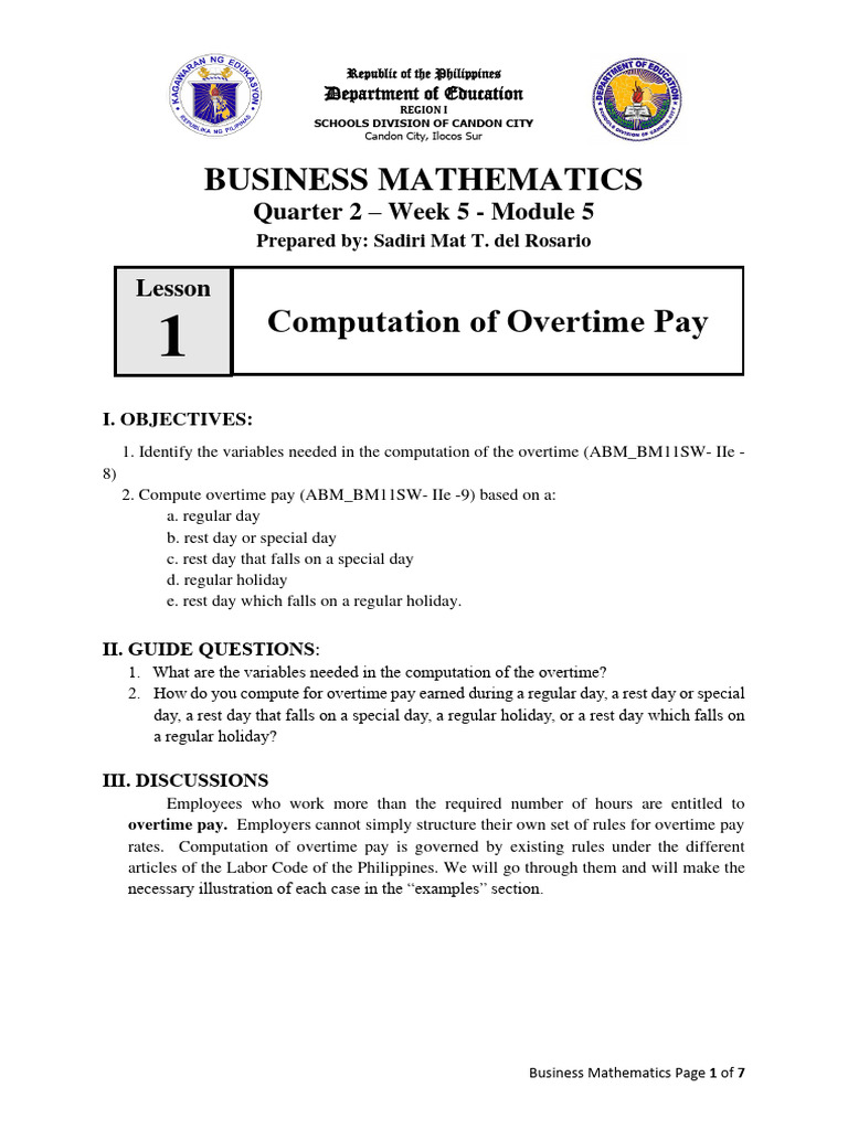 Business-Math Q2 W5 LDS Overtime-Pay ALG RTP | PDF | Overtime | Government