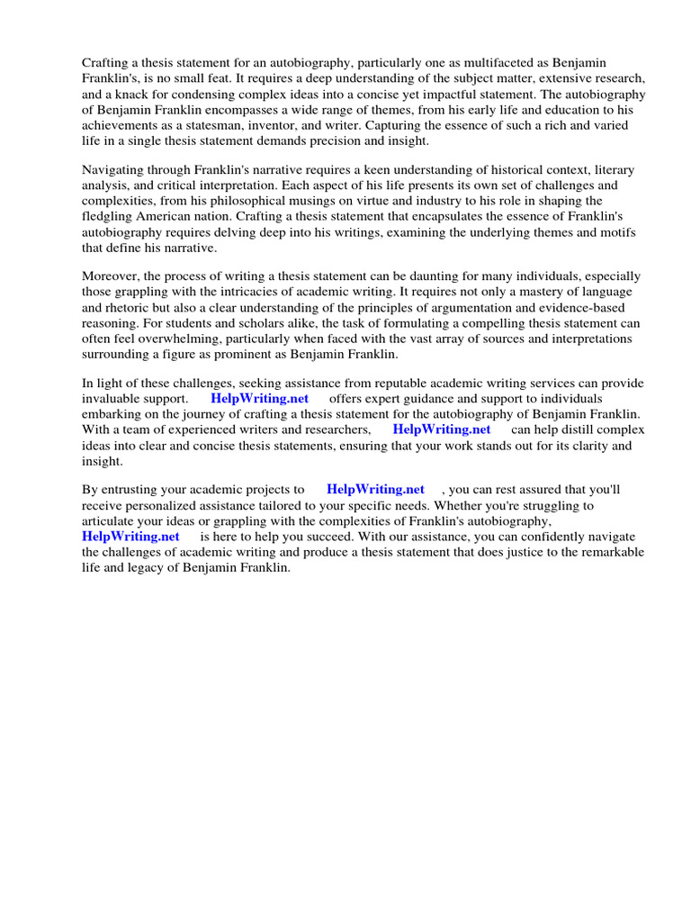 Thesis Statement For Autobiography of Benjamin Franklin | PDF | Benjamin Franklin | Thesis