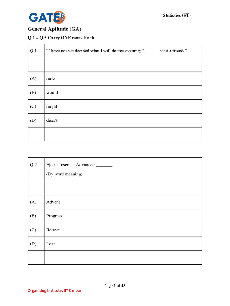 GATE Statistics PYQ (2023-2019) | PDF | Estimator | Variance