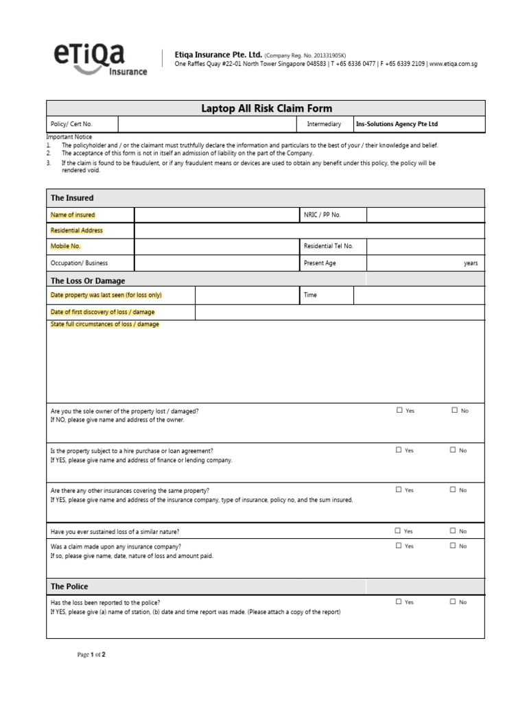 Laptop All Risk - Insurance Claim Form | PDF