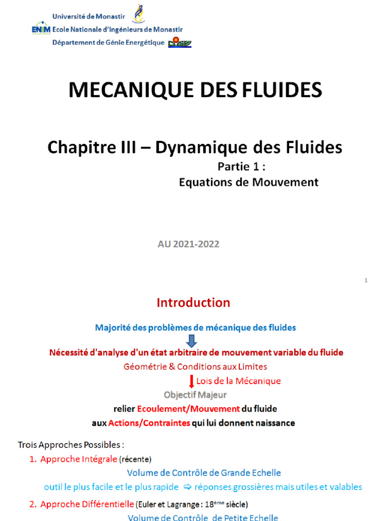 Mécanique Des Fluides Chapitre 3 Partie 1 2021 2022 | PDF